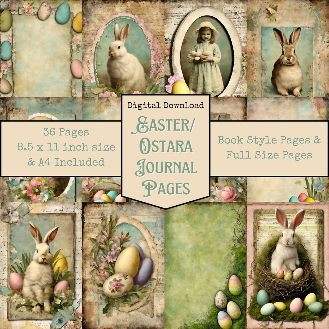 Easter Ostara Theme Junk Journal Pages, Bunnies Moss Nest Eggs, Digital ...