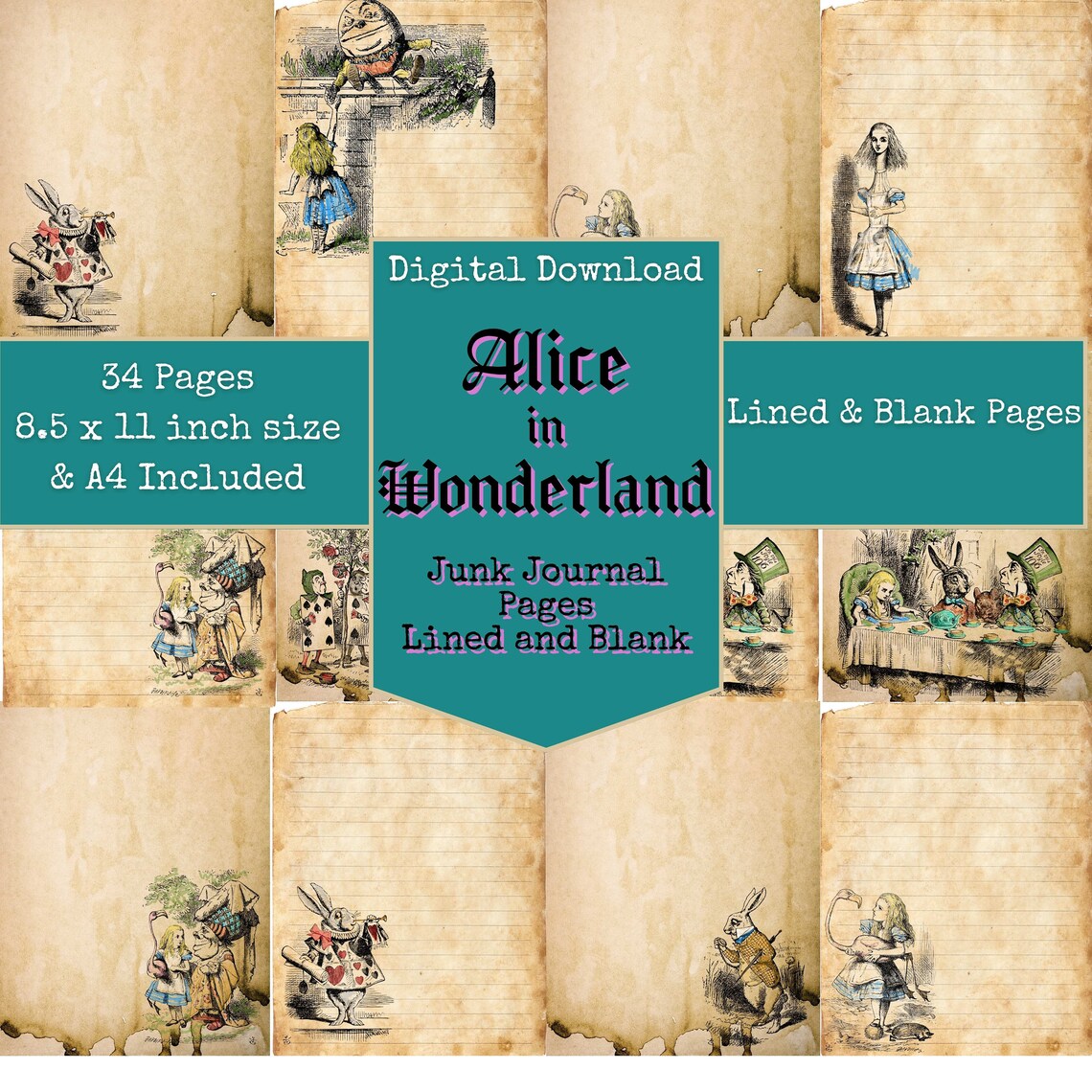 Alice in Wonderland Digital Papers, Blank and Lined Pages, Alice in ...
