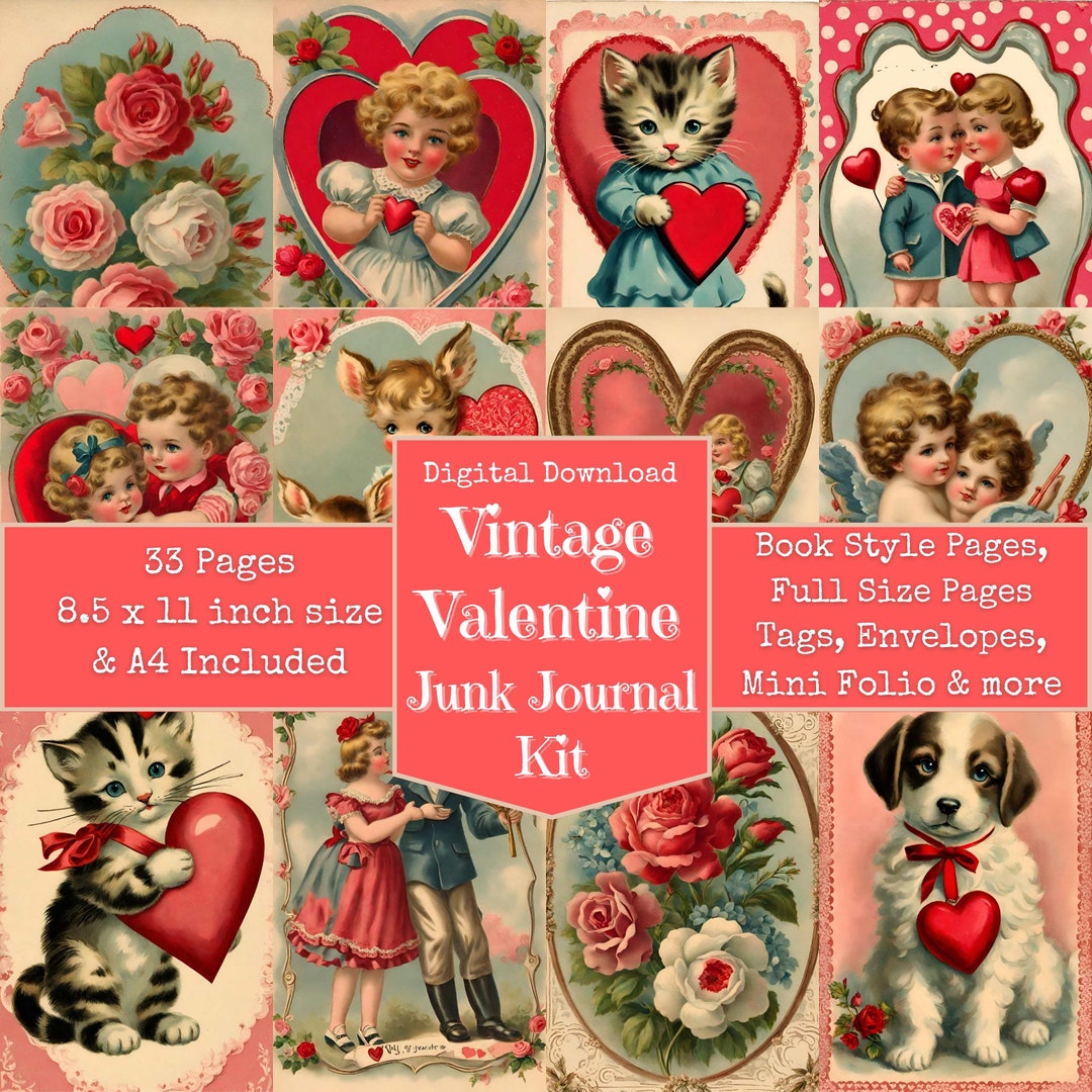 Vintage Valentines Day Theme Junk Journal Kit, Cute Valentines, Digital ...
