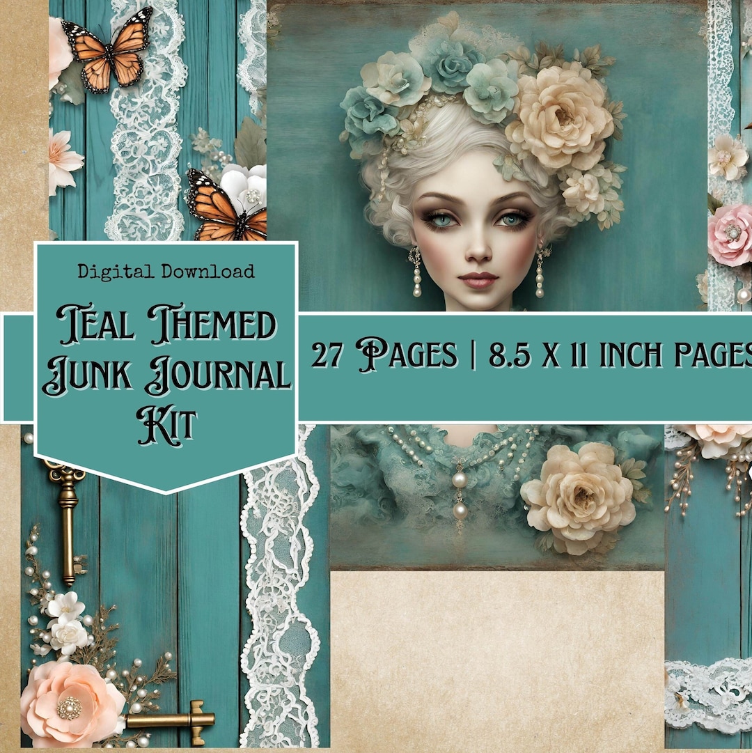 Teal Junk Journal Kit Altered Art,digital Papers,teal Printables ...