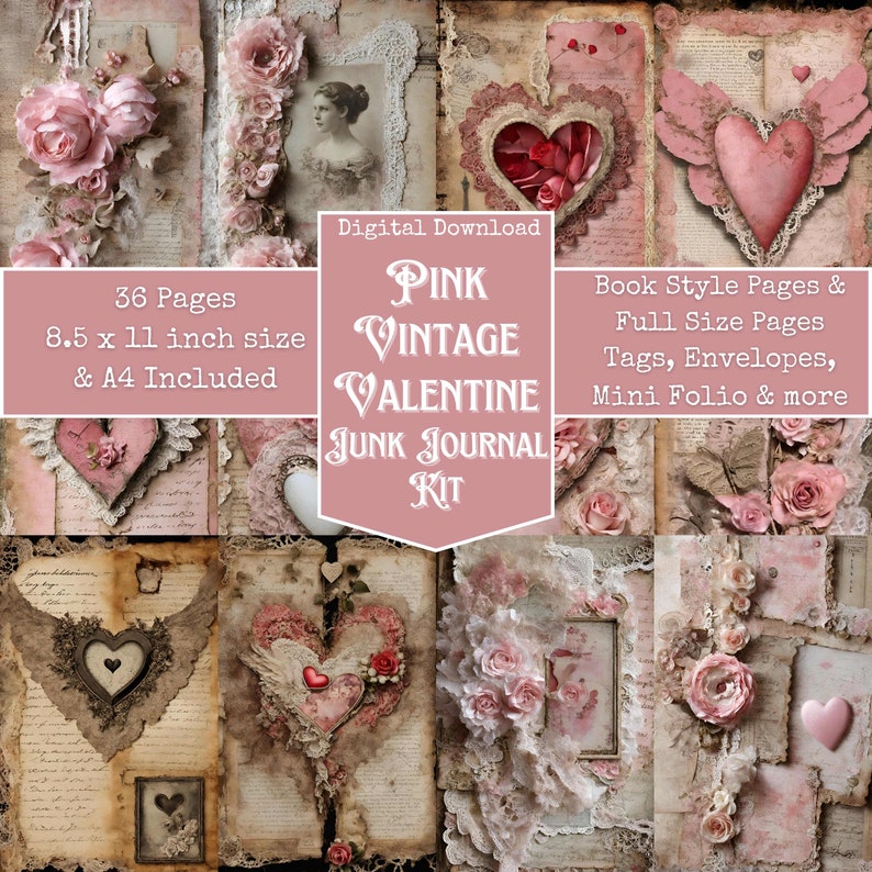 Pink Valentines Day Theme Junk Journal Kit, Hearts and Lace, Altered ...