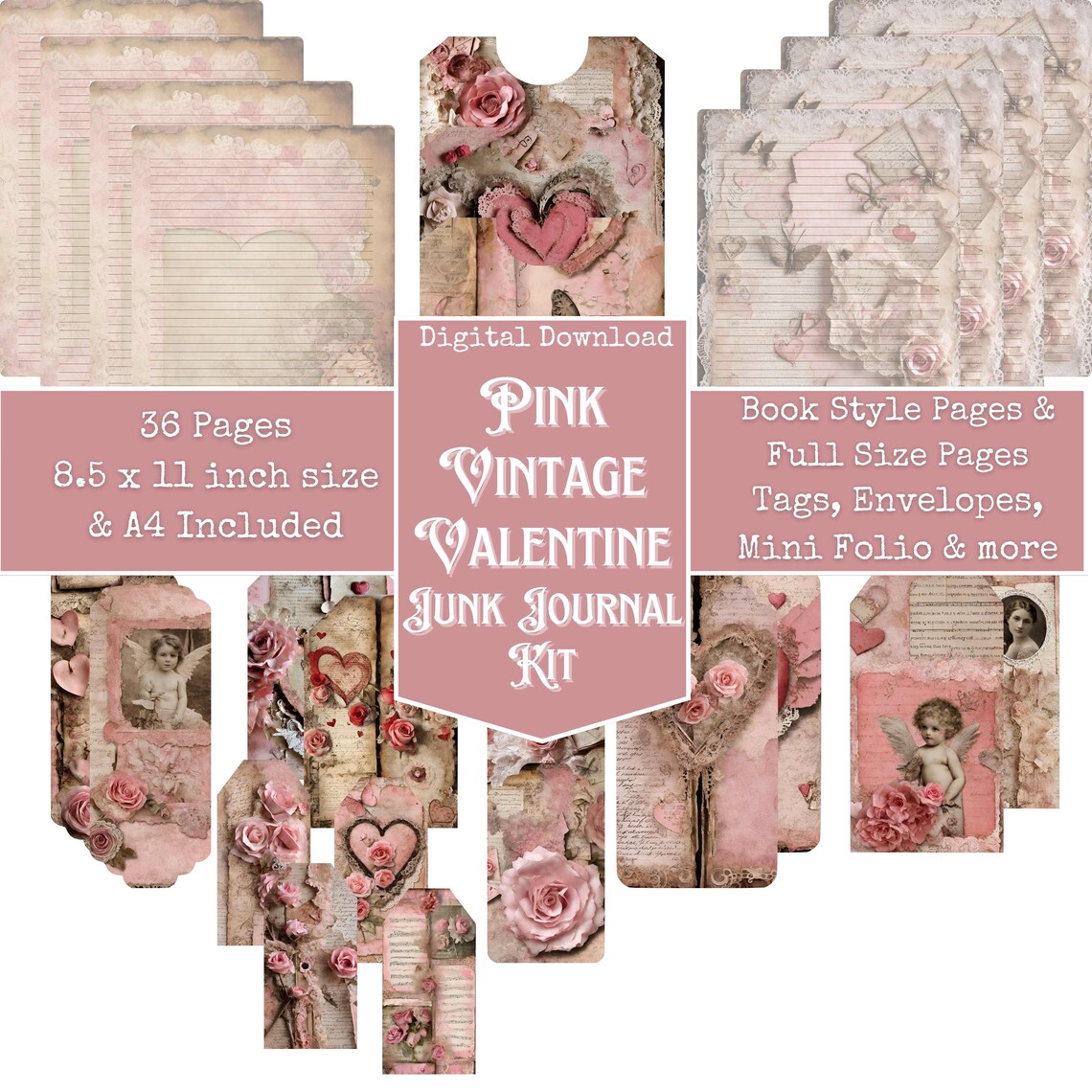 Pink Valentines Day Theme Junk Journal Kit, Hearts and Lace, Altered ...