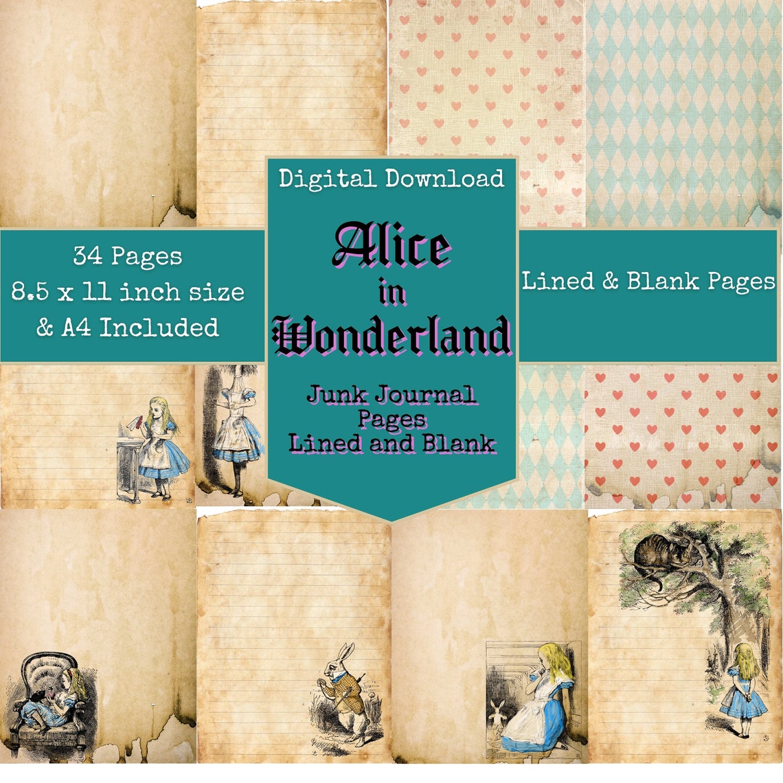 Alice in Wonderland Digital Papers, Blank and Lined Pages, Alice in ...