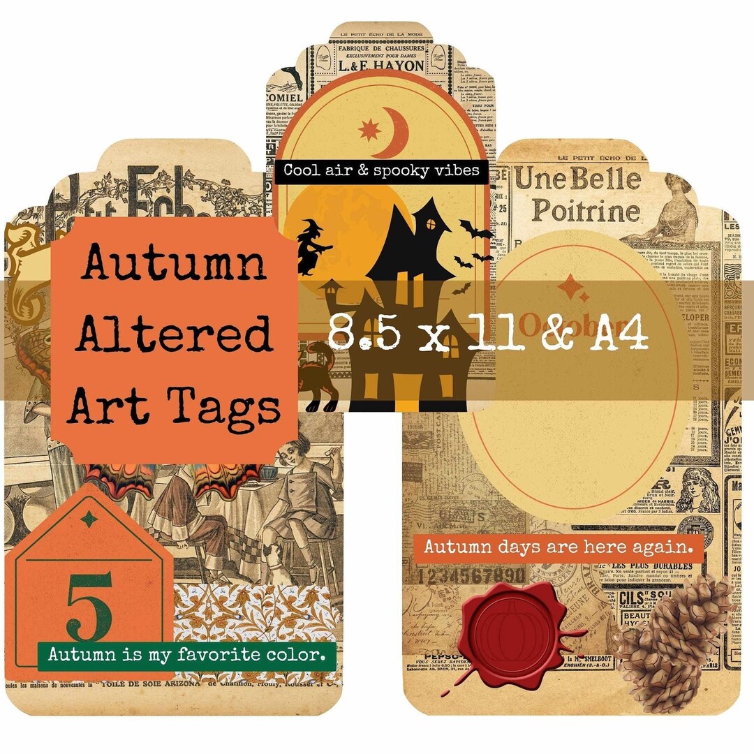 Vintage Altered Art Tags Digital Download- October Theme, Autumn Junk ...