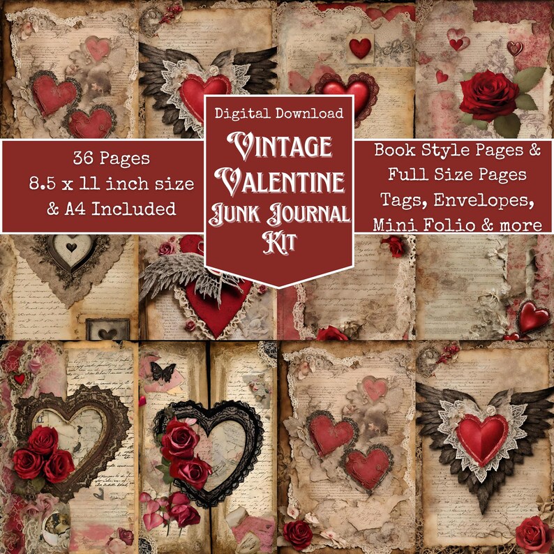 Valentines Day Theme Junk Journal Kit, Hearts and Lace, Altered Art ...