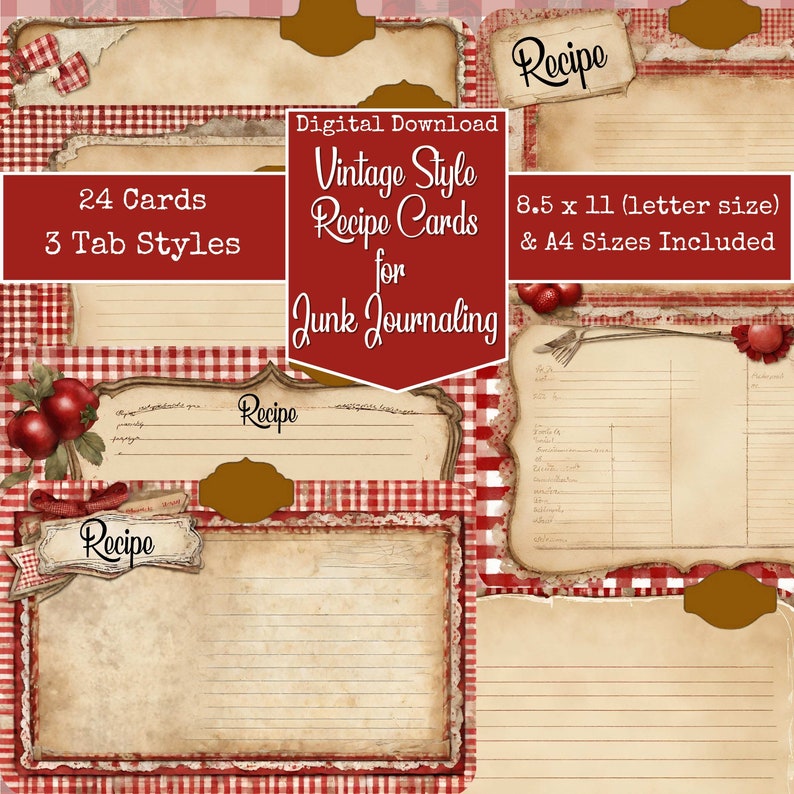 24 Vintage Style Recipe Cards With Tabs, Junk Journal Ephemera, Instant ...