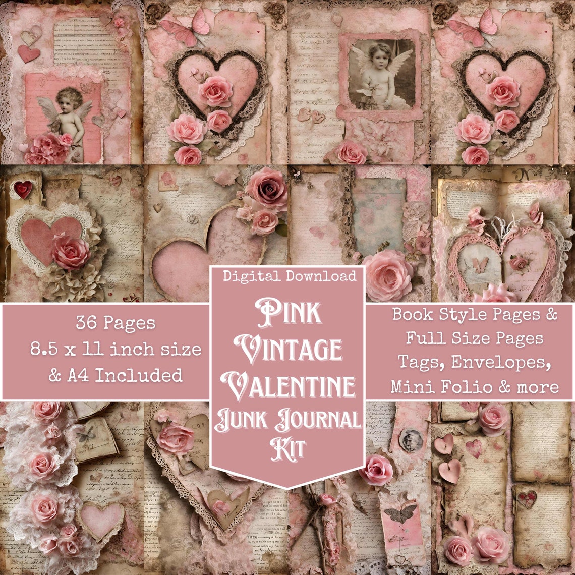 Pink Valentines Day Theme Junk Journal Kit, Hearts and Lace, Altered ...