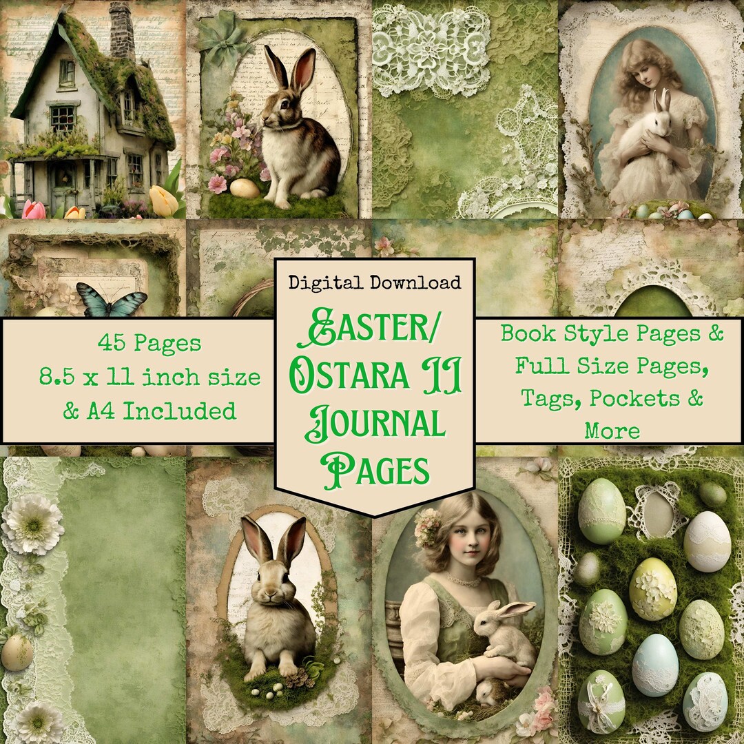 Altered Art Easter Ostara Theme Junk Journal Kit II , Bunnies Moss Nest ...