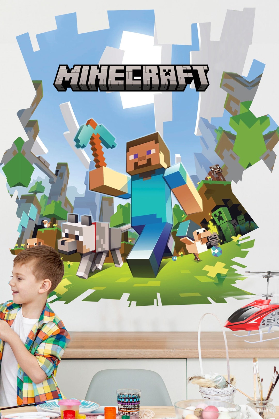 Peel and Stick Minecraft Wall Decal Pixel Art Wall Sticker Boy Room Decor Kid Room Decorations ...