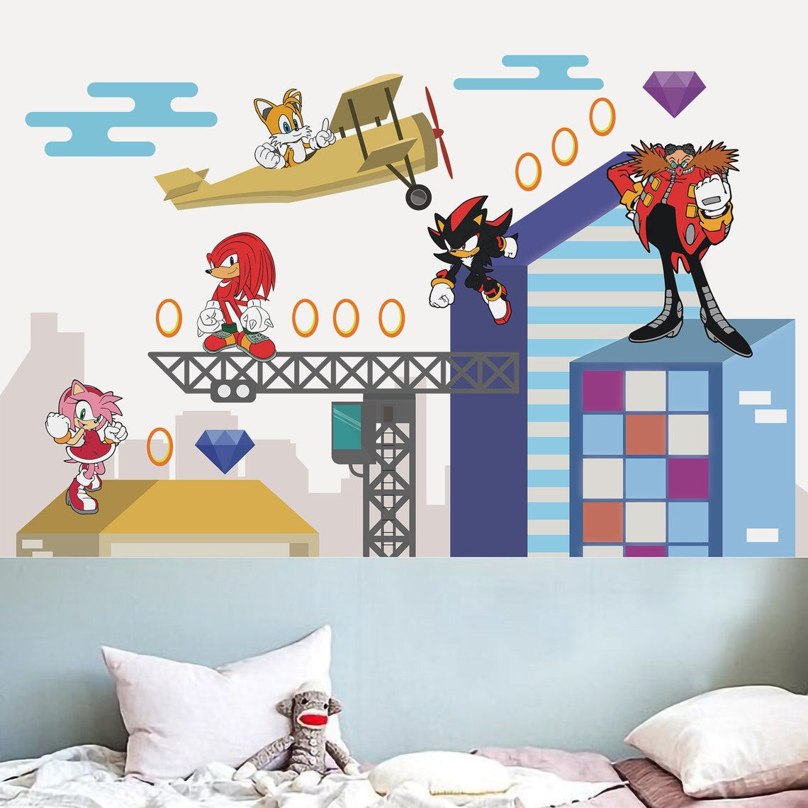 Removable Super Sonic Wall Decal Knuckles Wall Sticker Amy Rose Wall Art for Games Room Decor ...