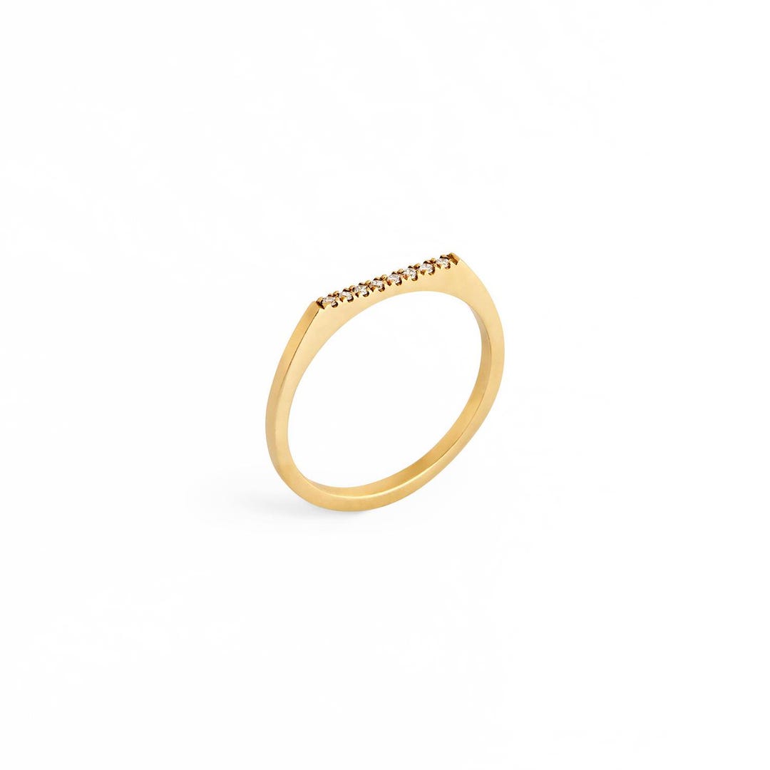 14k Gold Bar Ring With Diamonds, Line Diamond Ring, Diamond Stackable ...