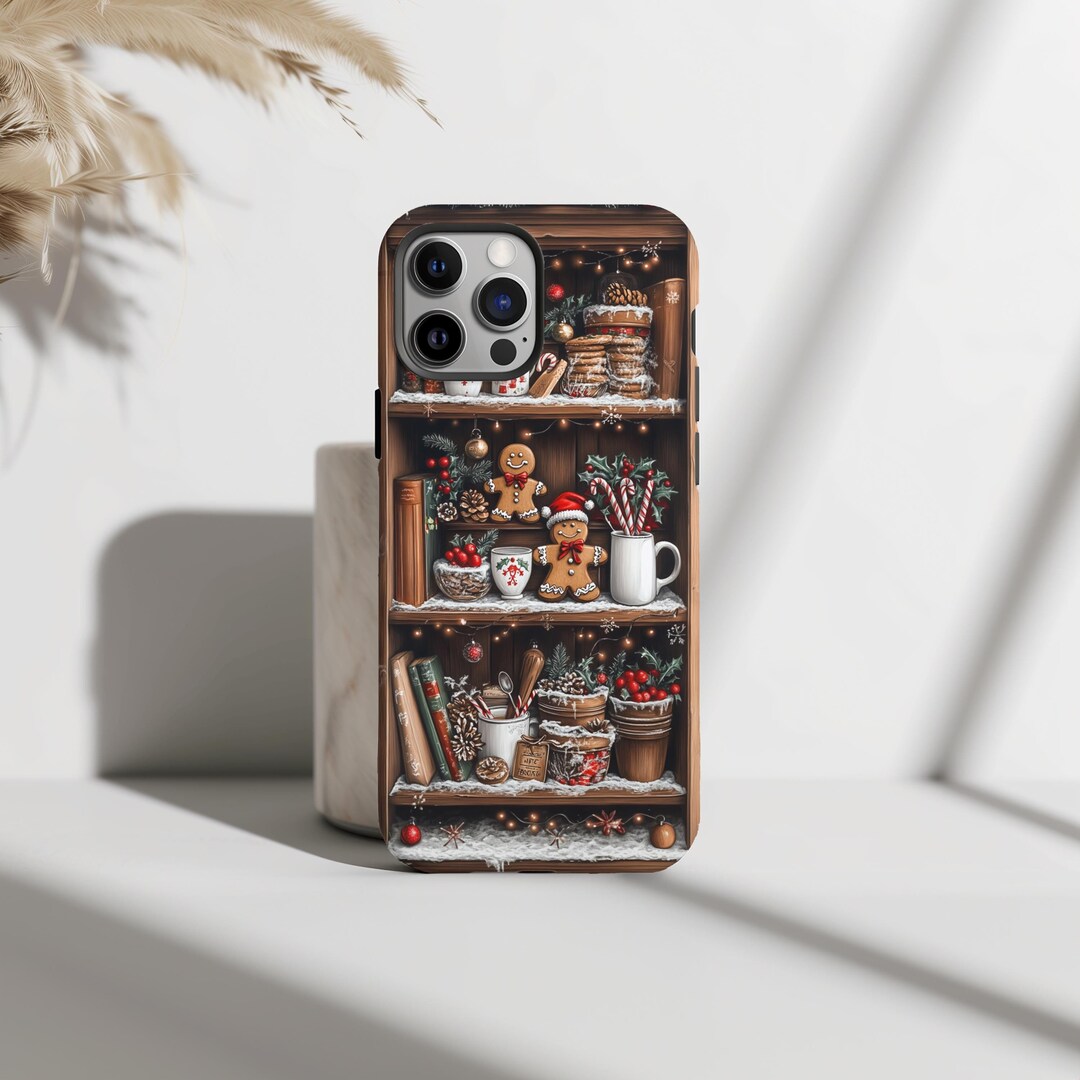 Bookshelf Christmas Ornaments and Gingerbread Phone Case, iPhone 16 15 ...