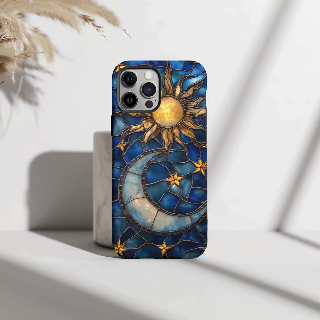 Faux Stained Glass Celestial Moon and Sun Phone Case iPhone 16 15 14 13 ...