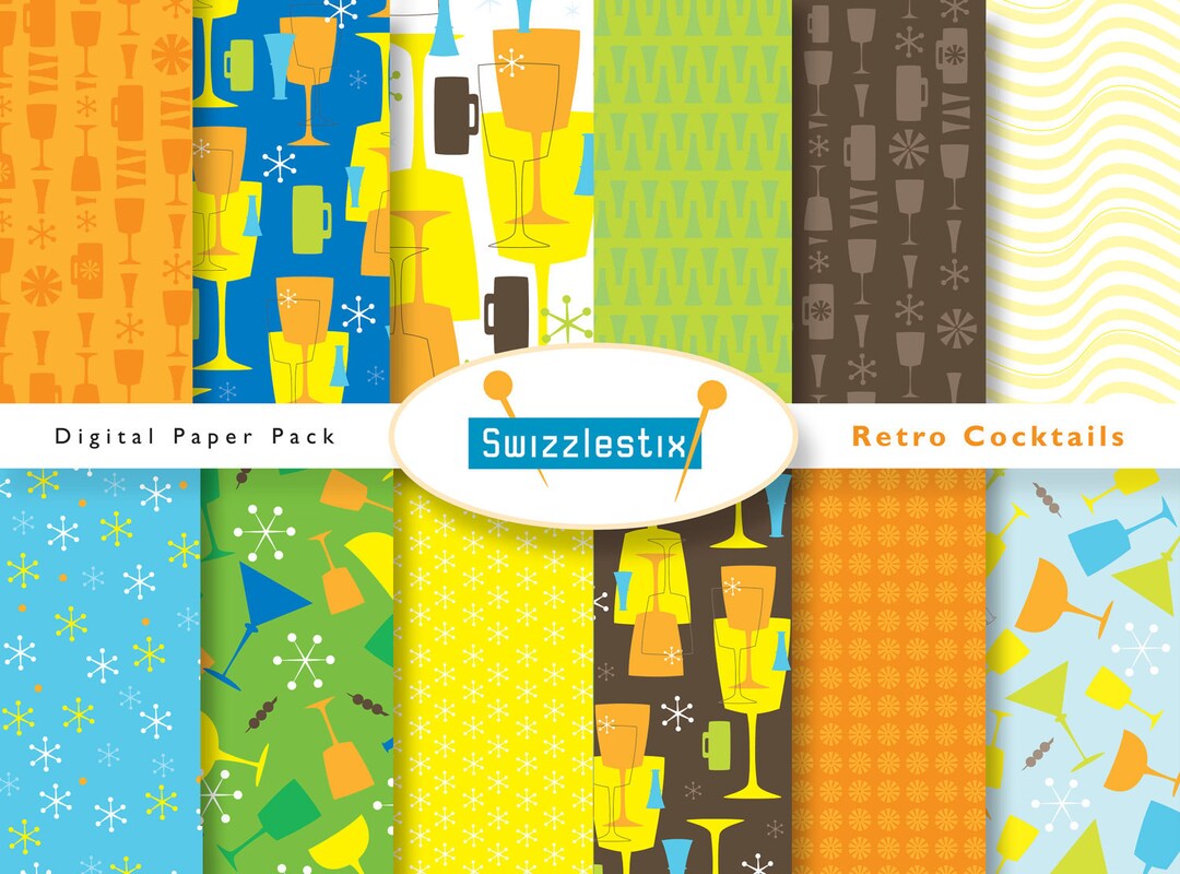 Digital Retro Paper, Retro Cocktail Pattern, Atomic Age Pattern, 1950s ...