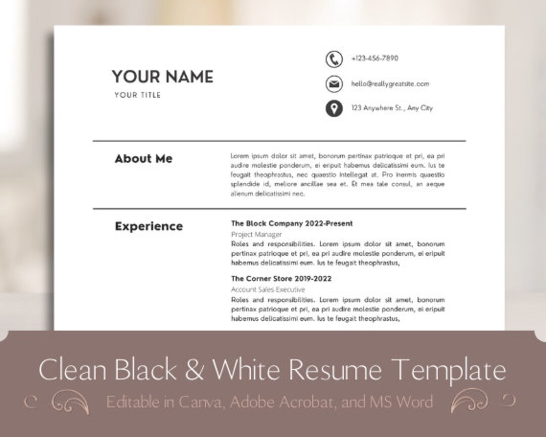 Clean and Minimal Black & White Resume Template - Etsy