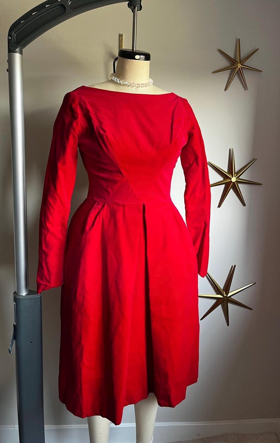 1960s Ruby Red Velvet Pleated Dress - Gem