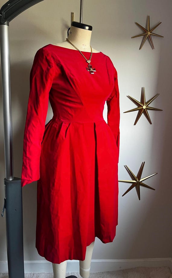 1960s Rose Red Velvet Pleated Dress - Gem