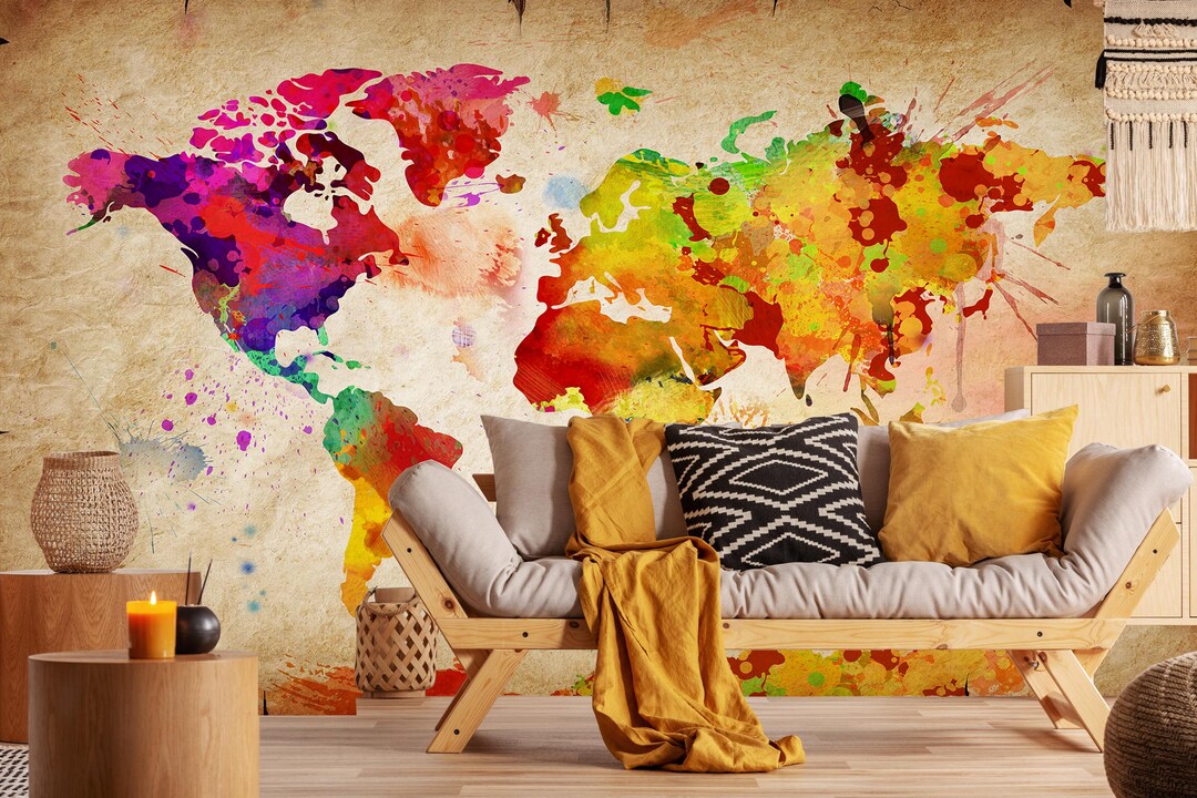 Colorful World Map Wall Mural - Vibrant Splashes Art Decor - Modern ...