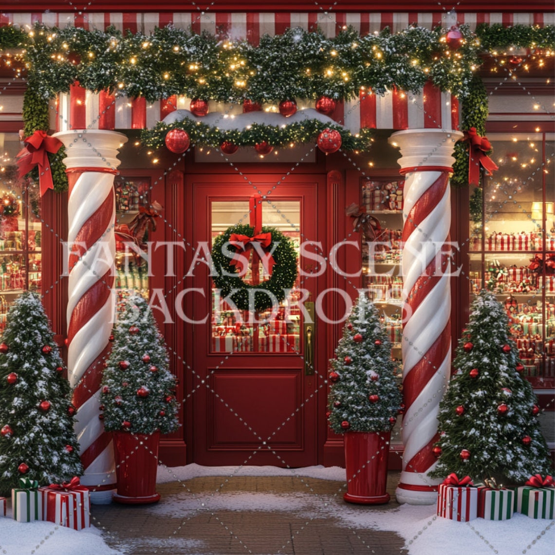 Christmas Candy Cane Shop Digital Backdrop: Holiday Storefront (set of ...