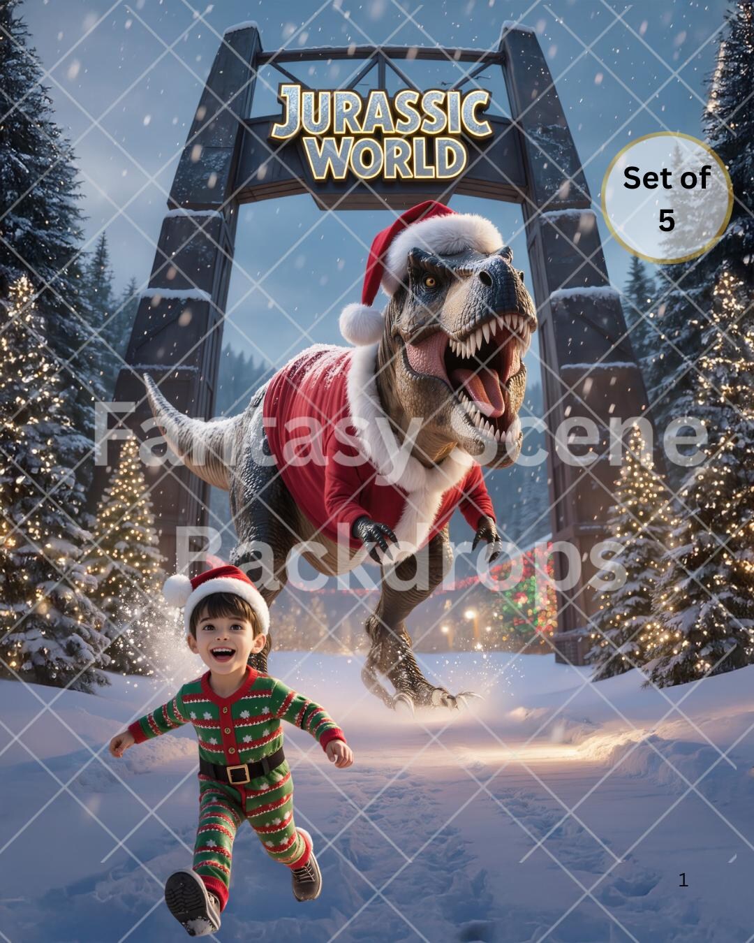 Jurassic World Christmas T-rex Santa Digital Backdrop (set of 5) - Etsy