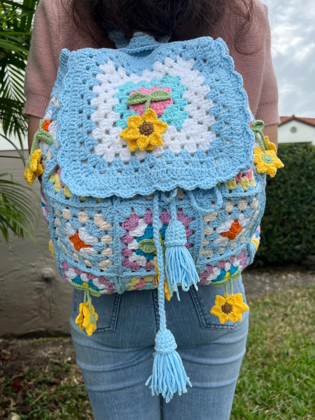 Handmade Crochet Backpack Sunflower Blue Pink Yellow With Adjustable Bag Straps and Cotton Liner ...