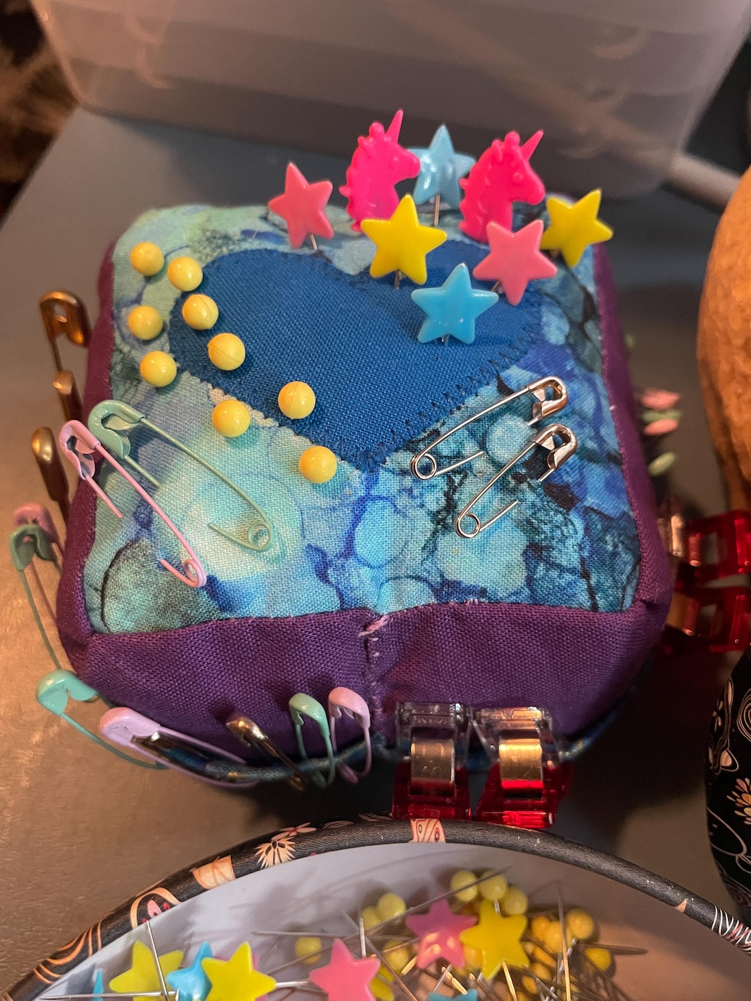 Self-sharpening Pin Cushion Funky Batik Fabrics, Cool Colors, and Pins ...