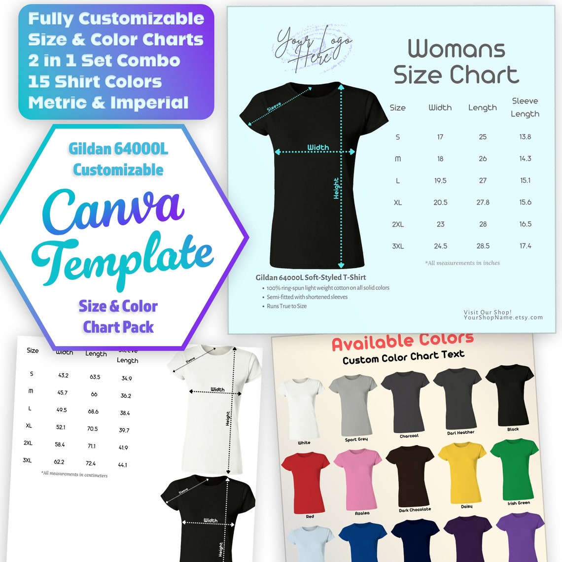 Gildan 64000L Editable Size Chart Canva Template With 15 T-shirt Colors ...
