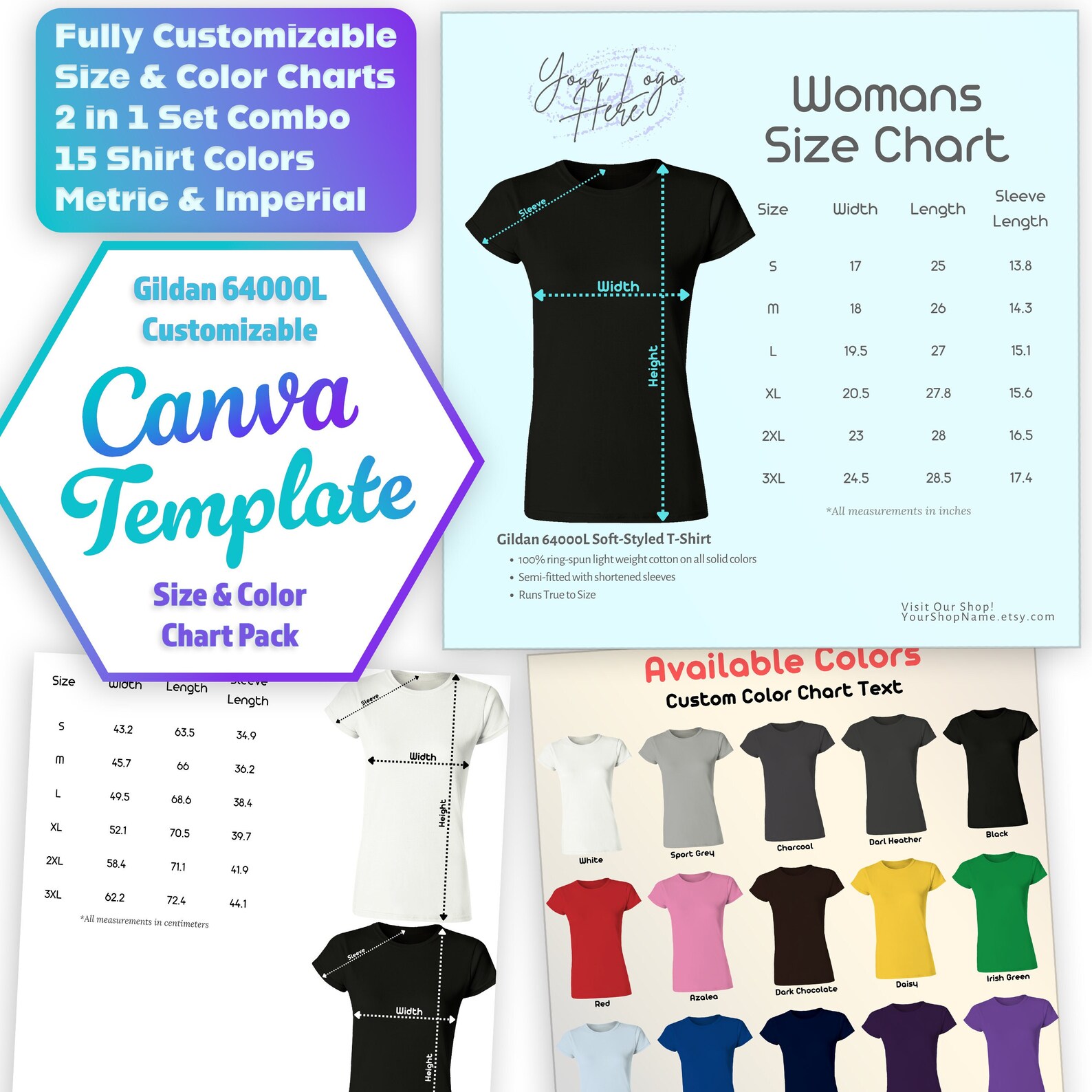 Gildan 64000L Editable Size Chart Canva Template With 15 T-shirt Colors ...