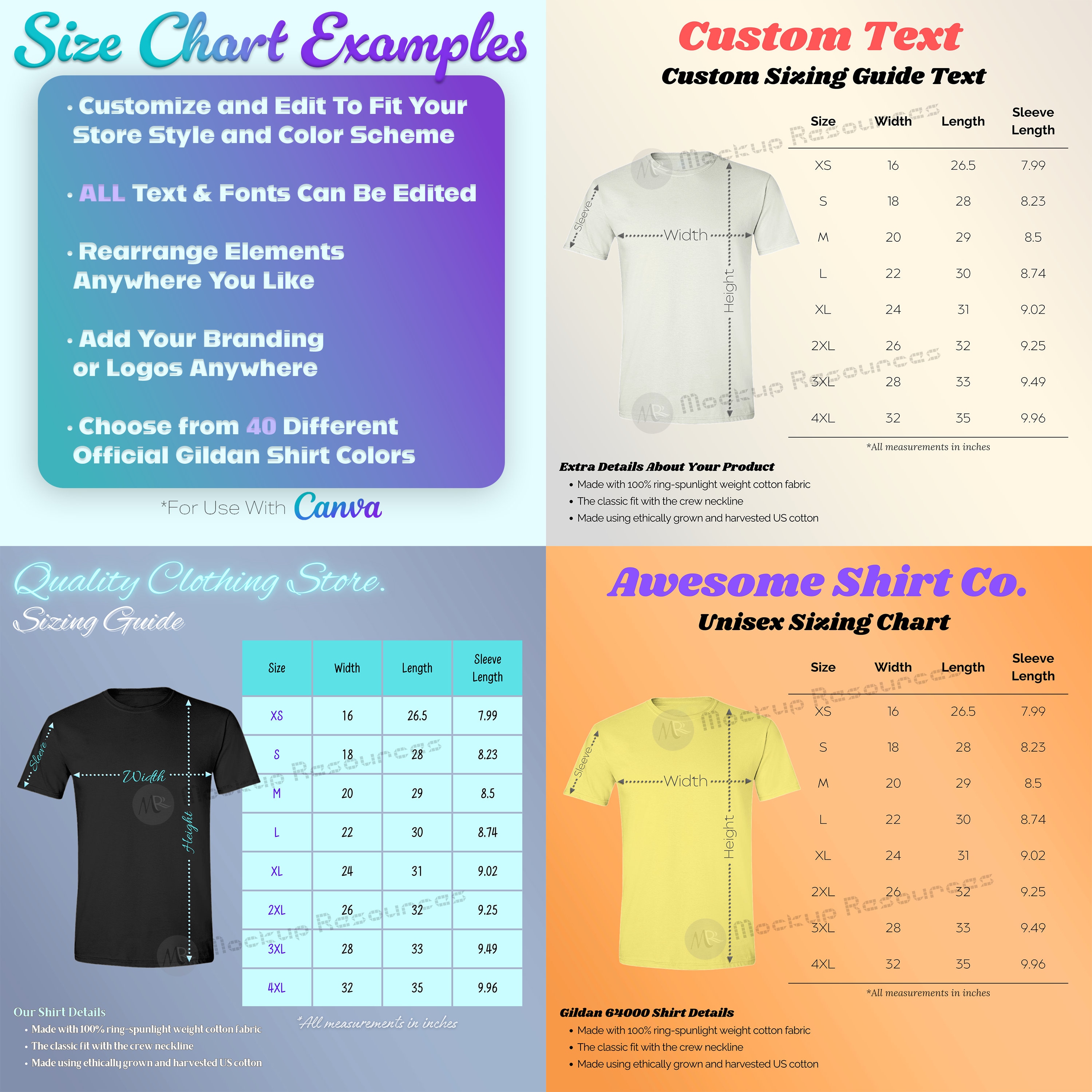 Gildan 64000 Editable Size Chart Canva Template With 40 T-shirt Colors ...
