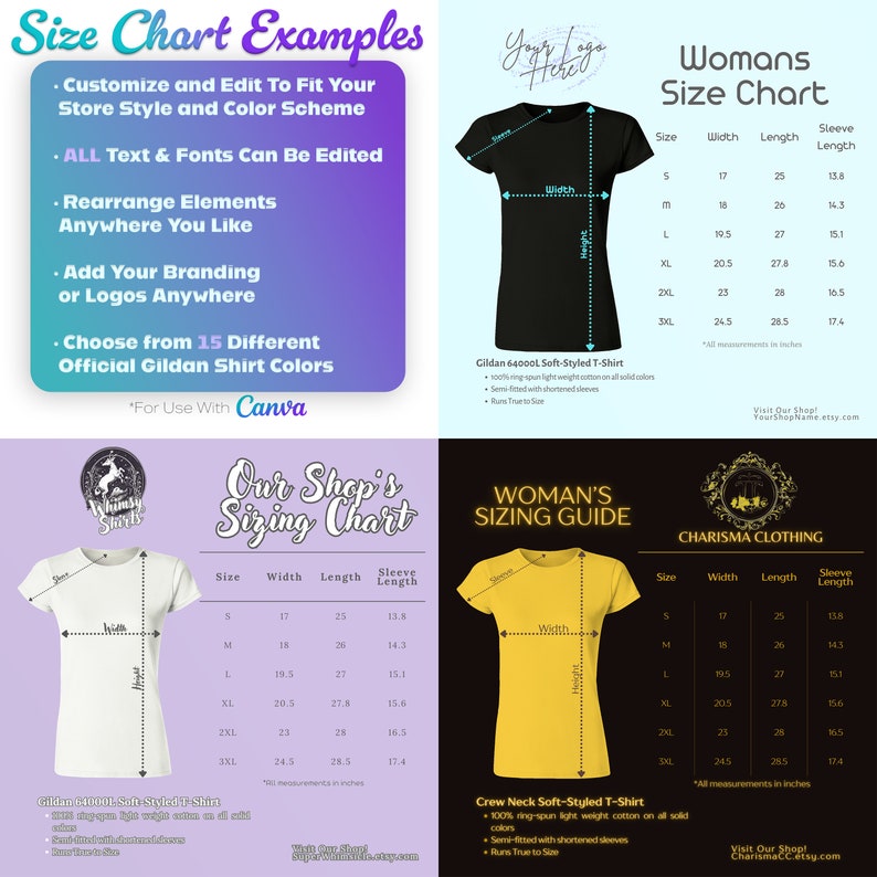 Gildan 64000L Editable Size Chart Canva Template With 15 T-shirt Colors ...
