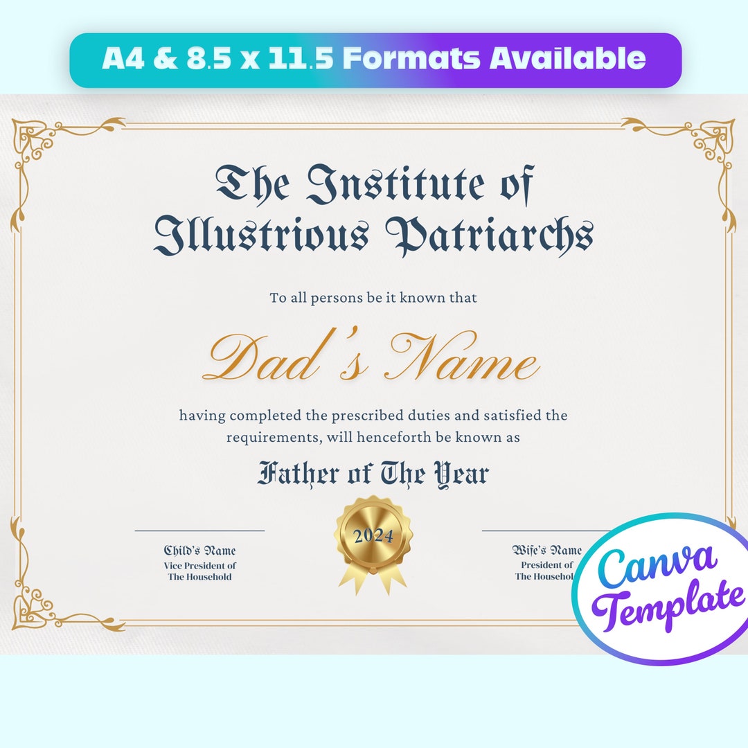 Father's Day Award Canva Template Printable Certificate for Father of ...