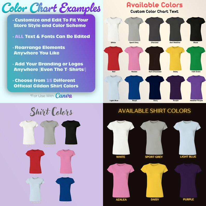 Gildan 64000L Editable Size Chart Canva Template With 15 T-shirt Colors ...