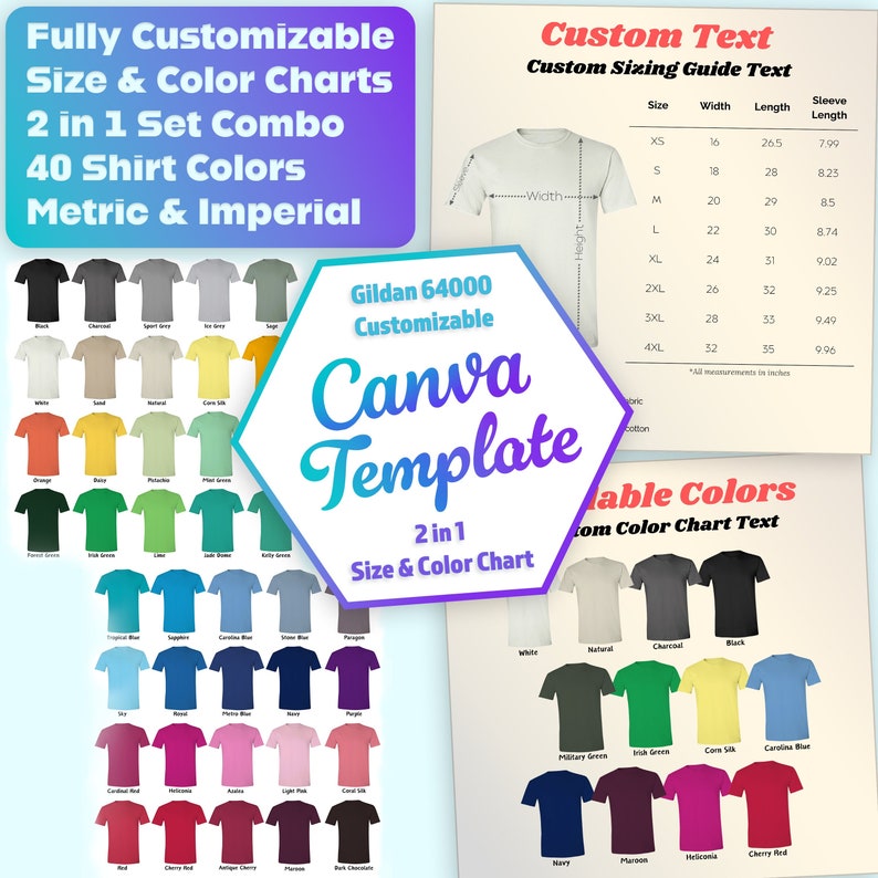 Gildan 64000 Editable Size Chart Canva Template With 40 T-shirt Colors ...