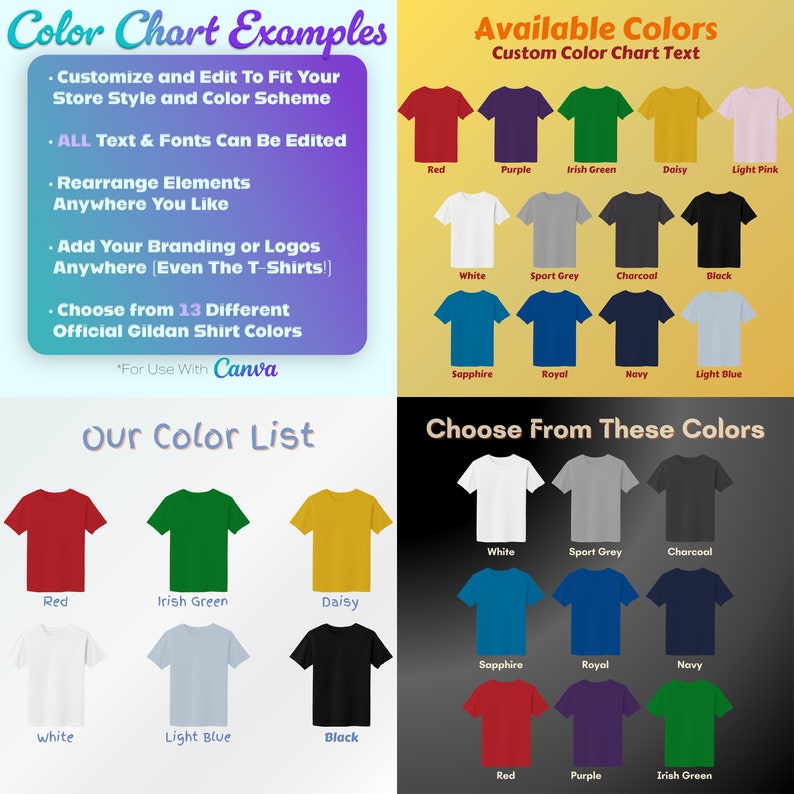 Gildan 64000B Editable Size Chart Canva Template With 13 T-shirt Colors ...
