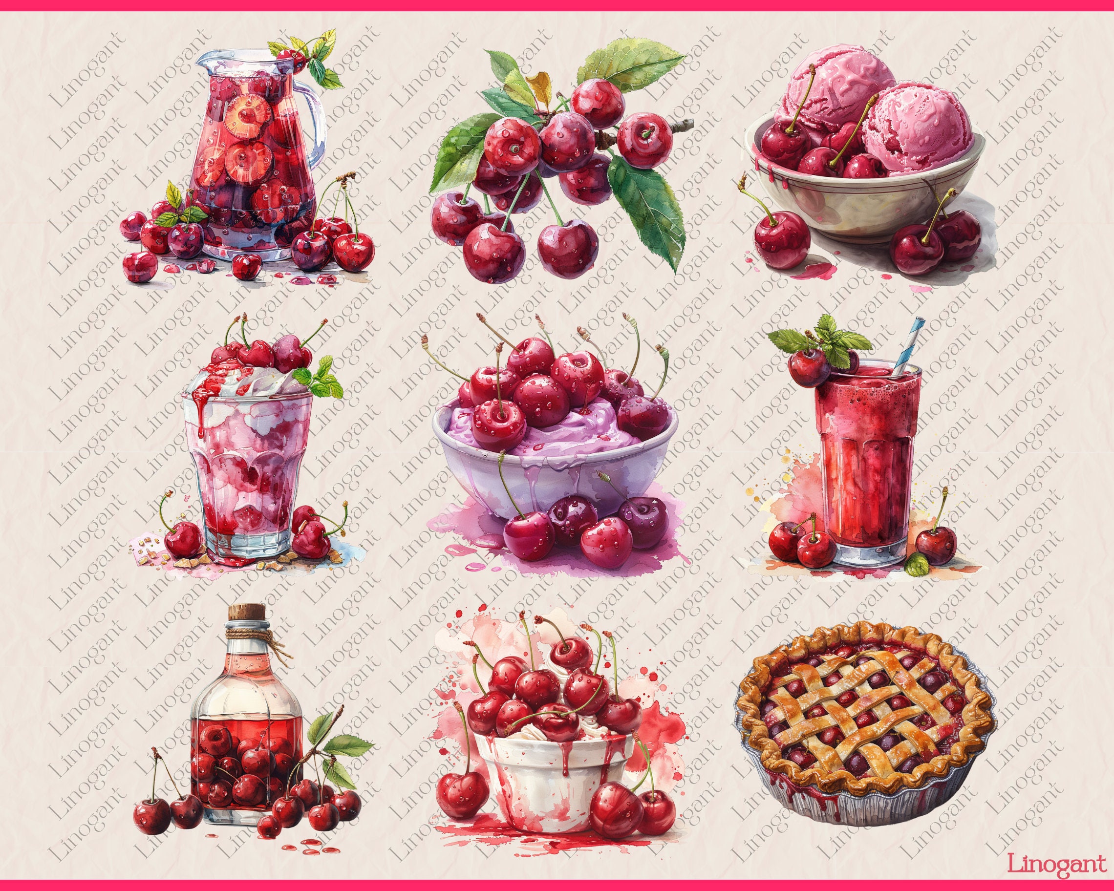 Watercolor Cherry Clipart Bundle, Fruits Clip Art Set, Cherry Cheese ...