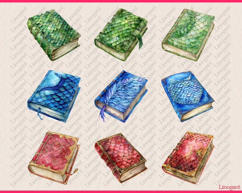 Watercolor Dragonscale Book Clipart Bundle, Grimoire Clip Art Set ...