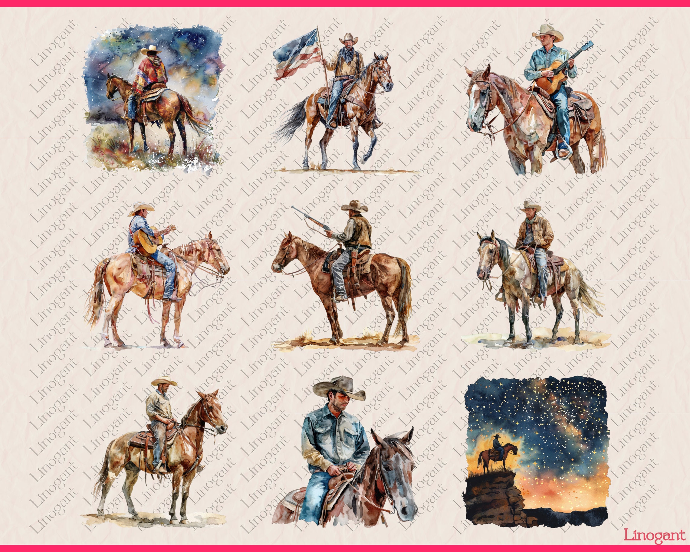 Watercolor Western Cowboy on Horse Clipart Bundle, Riding Horse Clip ...