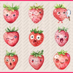 Watercolor Kawaii Strawberry Clipart Bundle, Cute Tropical Fruit Clip ...