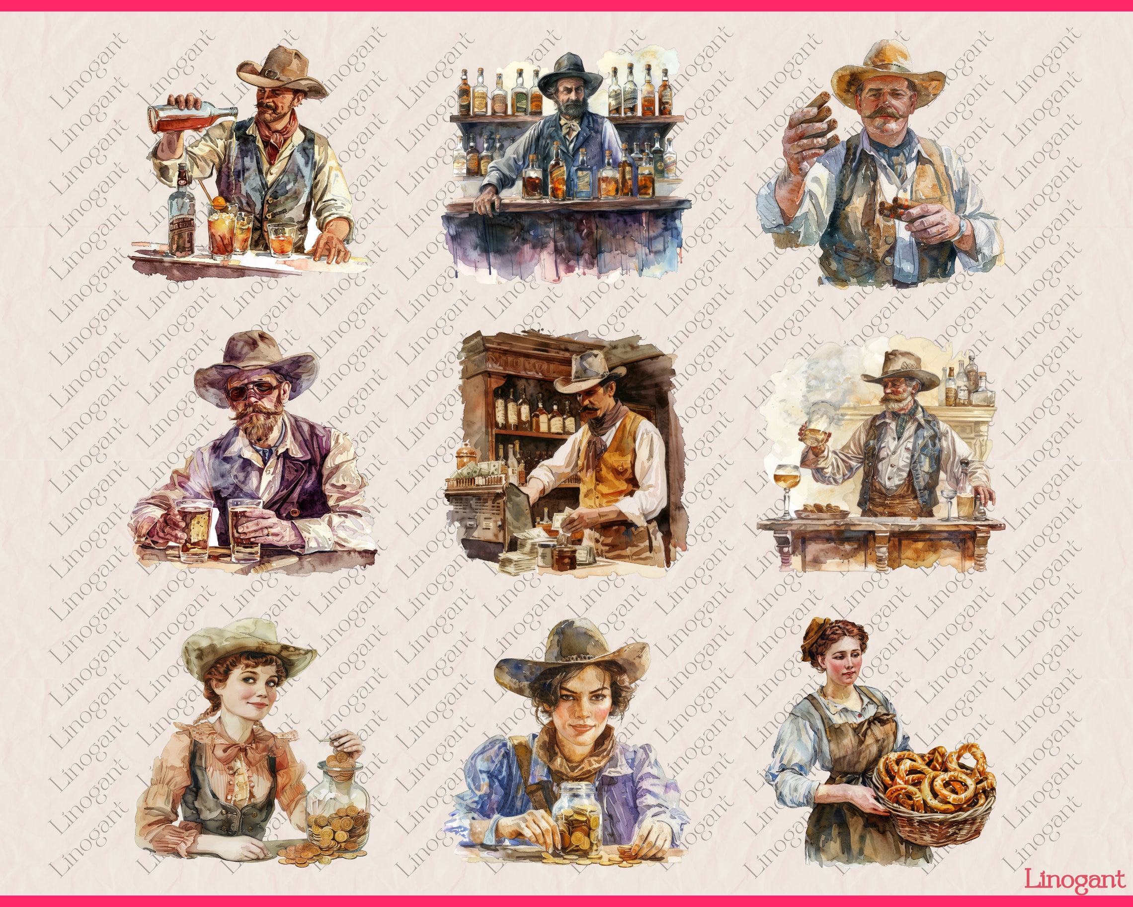 Watercolor Western Barmaid and Bartender Clipart Bundle, Cowboy Cowgirl ...