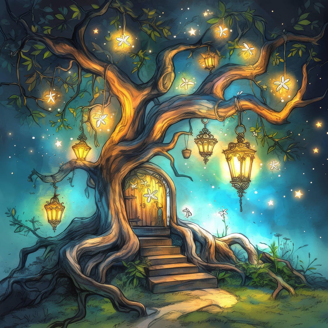 21 Fairy Tale Tree With Lanterns Clipart, Commercial Use, Whimsical ...