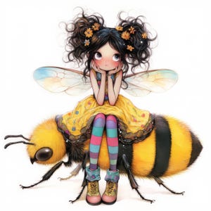 Quirky Girl Riding Bee Clip Art 11 High Res Watercolor Jpgs Junk ...