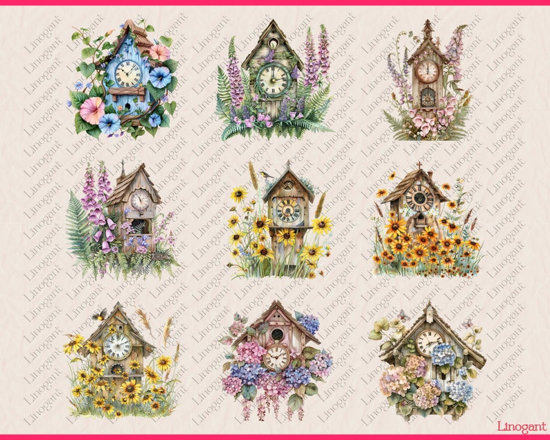 Watercolor Floral Cuckoo Clock Clipart Bundle, Flower Clocks Clip Art ...
