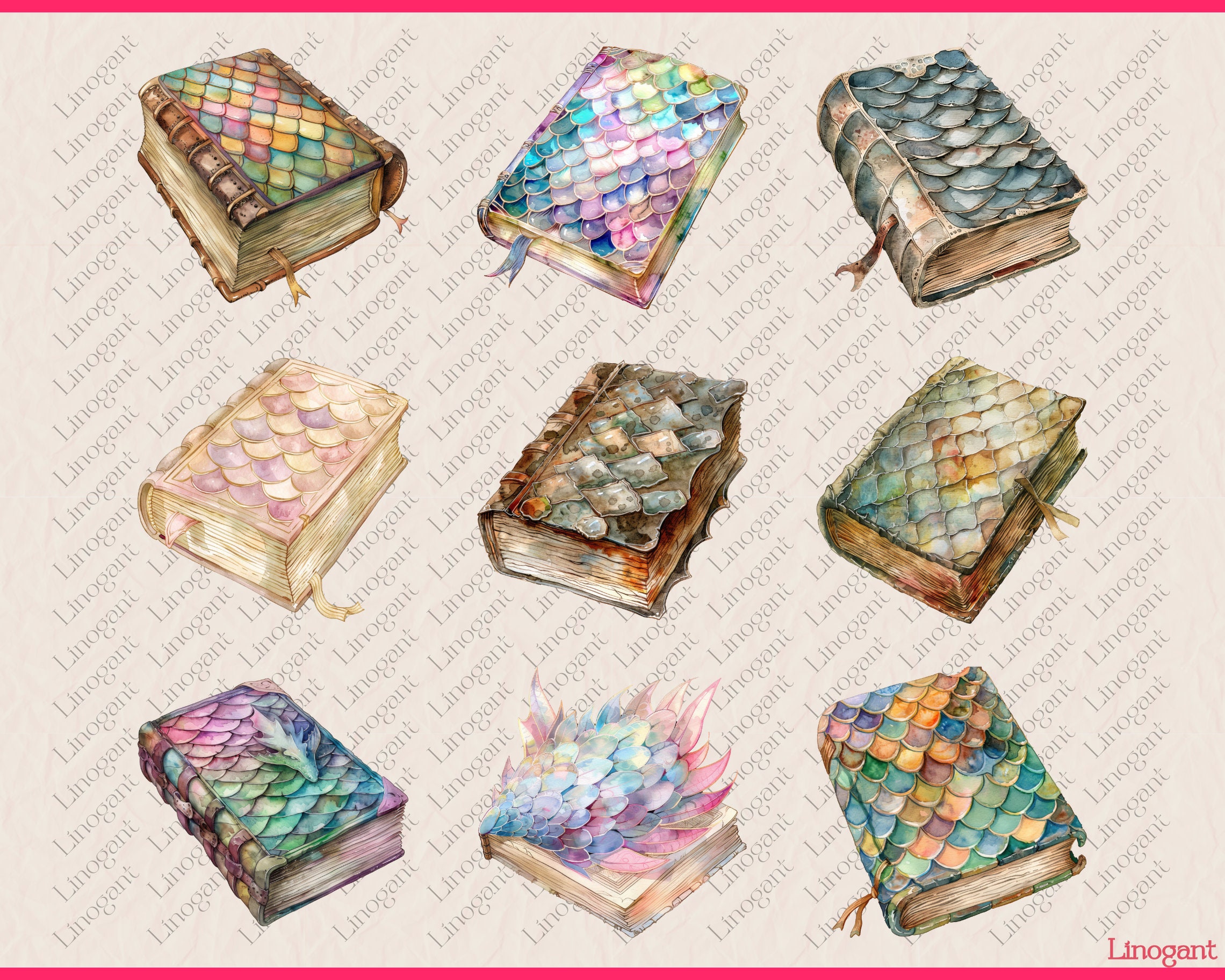 Watercolor Dragonscale Book Clipart Bundle, Grimoire Clip Art Set ...