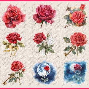 Watercolor Red Rose Objects Clipart Bundle, Floral Clip Art Set, Flower ...