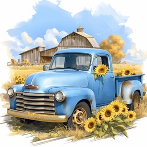 14 Rustic Blue Farm Truck Clipart Bundle, Vintage Country Vehicle ...