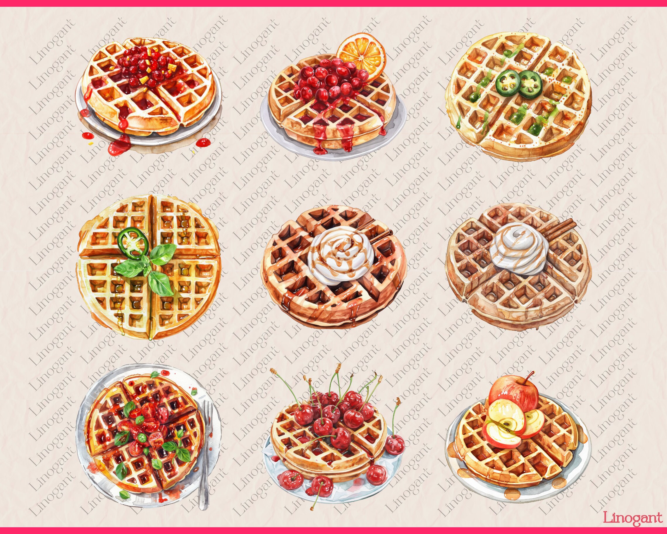 Watercolor Waffle Clipart Bundle, Food Clip Art Set, Bakery, Dessert ...
