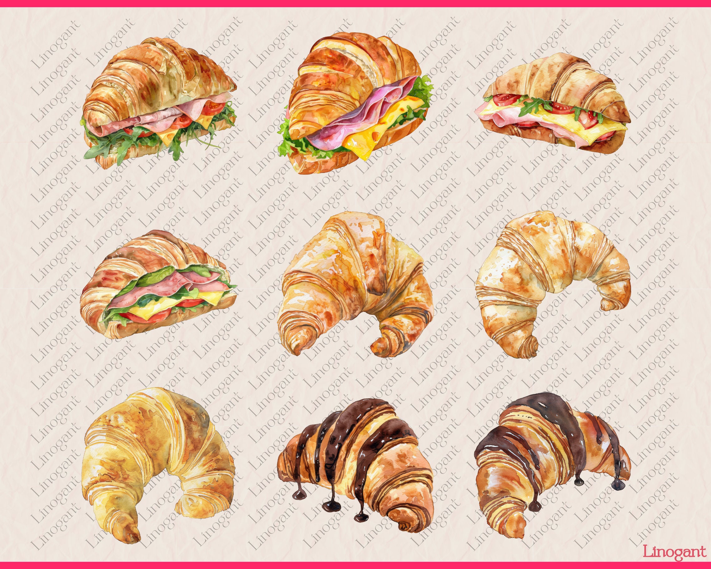 Watercolor Croissant Clipart Bundle, Breakfast Clip Art Set, Bakery ...