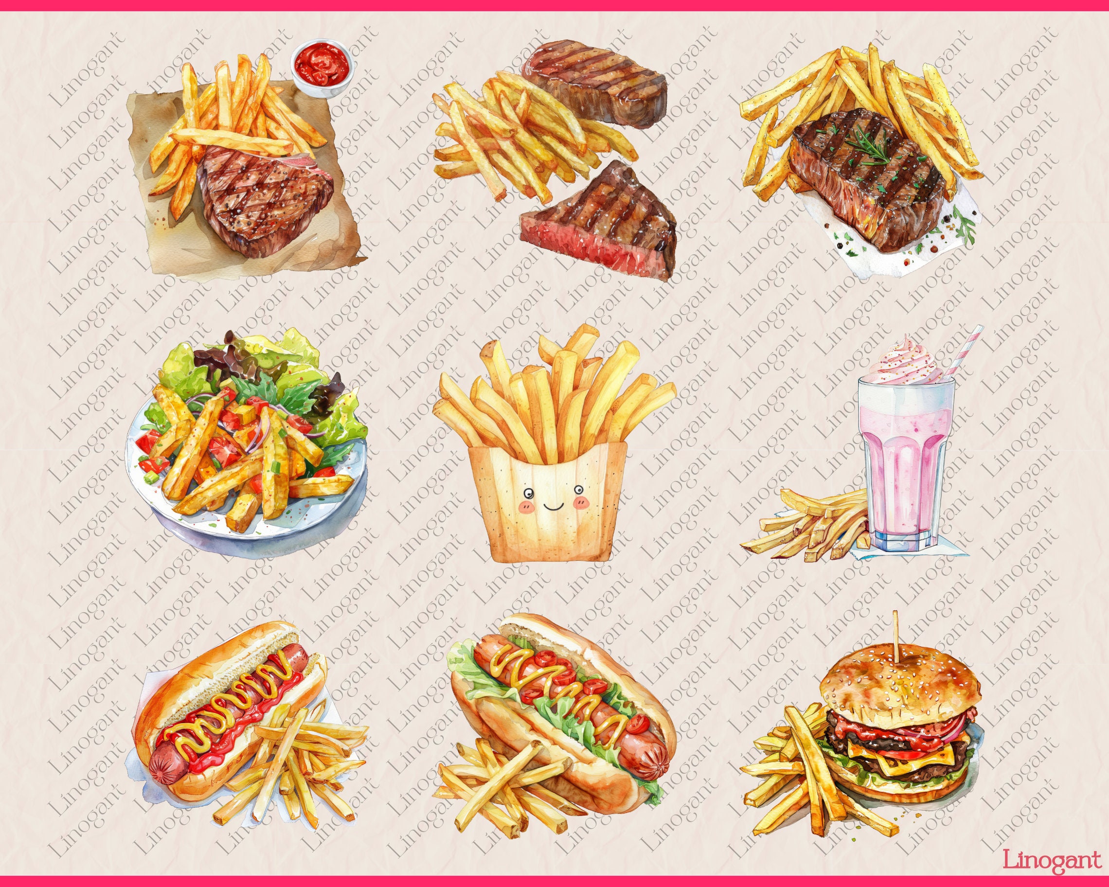 Watercolor French Fries Clipart Bundle, Fast Food Clip Art Set ...