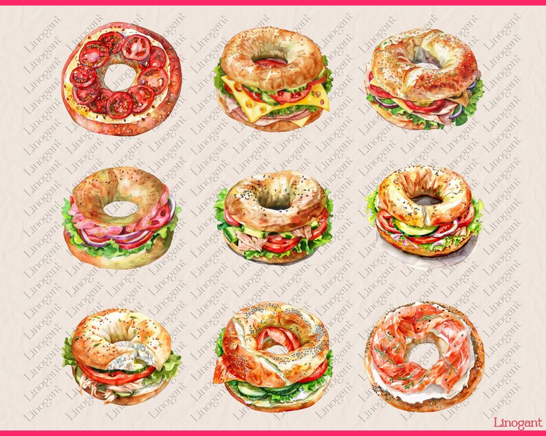 Watercolor Bagel Sandwich Clipart Bundle, Breakfast Food Clip Art Set ...