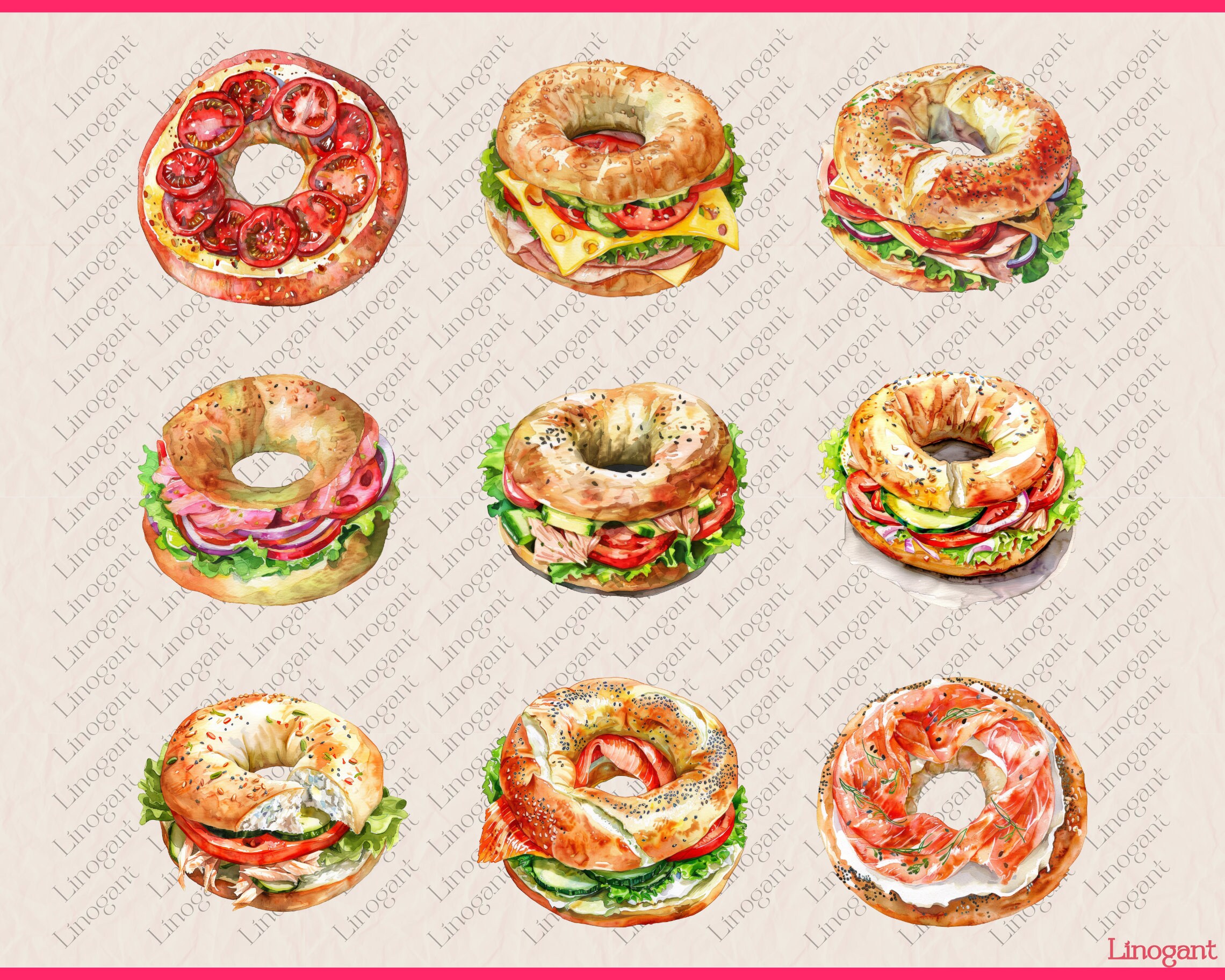 Watercolor Bagel Sandwich Clipart Bundle, Breakfast Food Clip Art Set ...